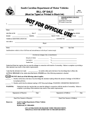 South Carolina Motor Vehicle Bill Of Sale Form Templates - Fillable ...