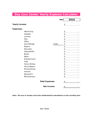 1 Day Care Center Yearly Expense Calculator Form | pdfFiller
